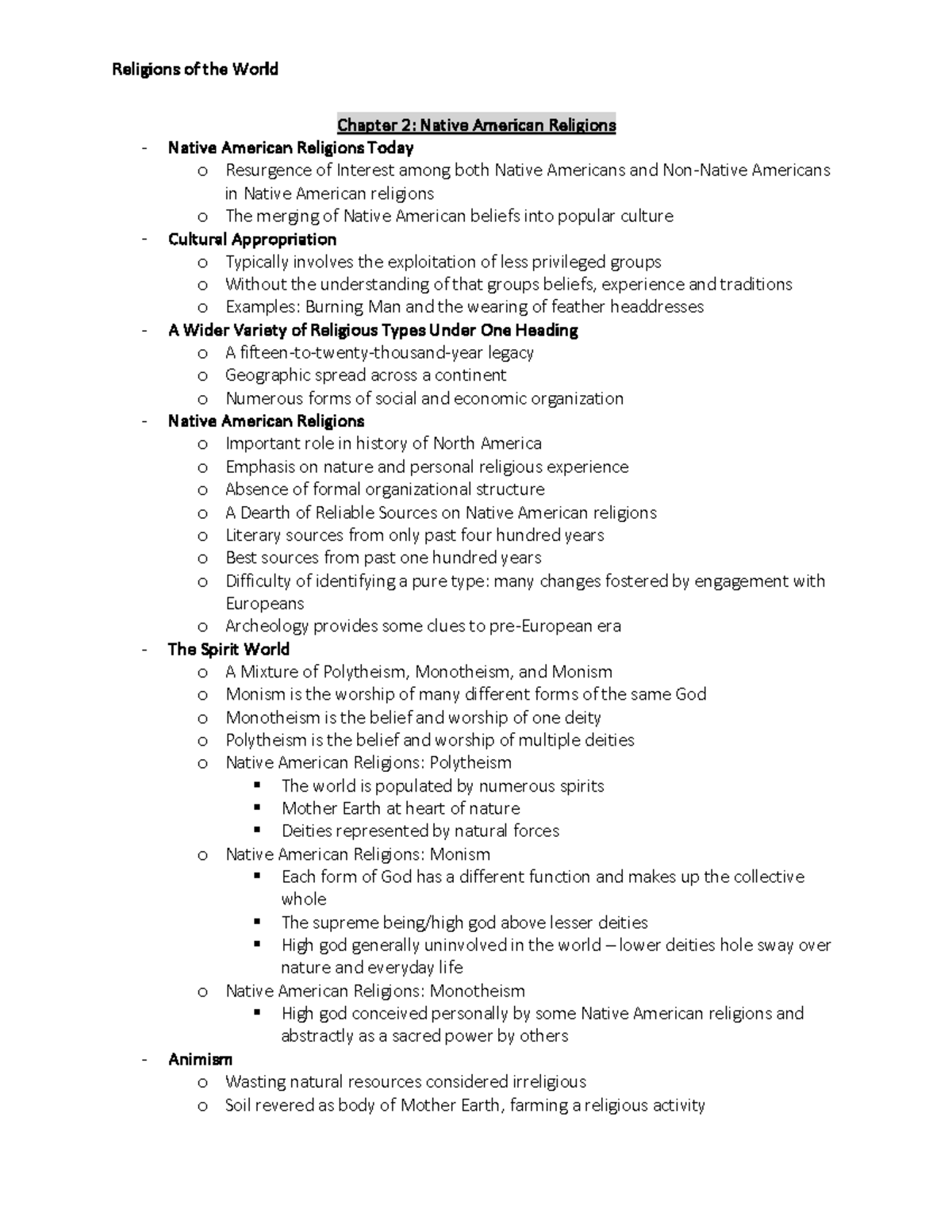 Religions of the World Notes Chapter 2 - Chapter 2 : Native American ...