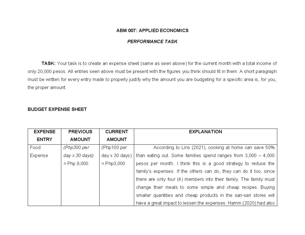 ABM-007 - Abm - ABM 007: APPLIED ECONOMICS PERFORMANCE TASK TASK: Your ...