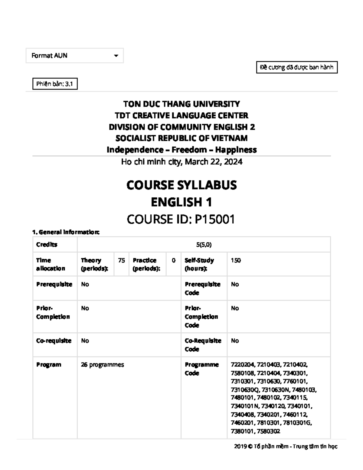 Course outline- English 1 - Đề cương đã được ban hành Phiên bản: 3 ...