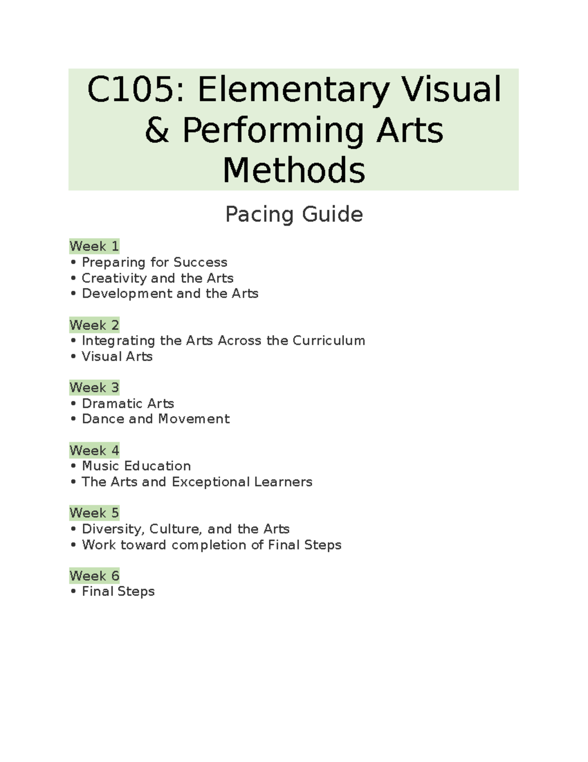 elem visual and performing pace - C105: Elementary Visual & Performing Arts Methods Pacing Guide ...