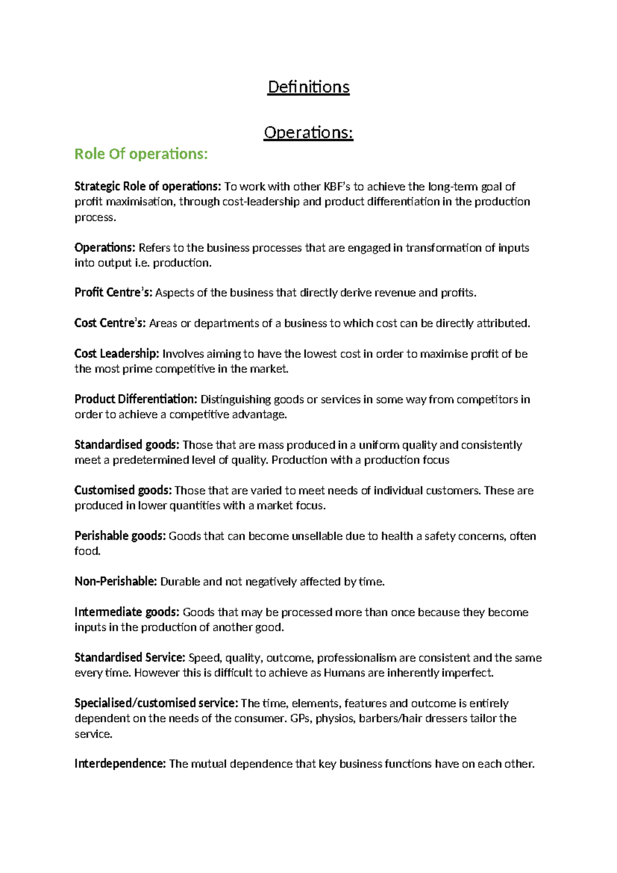 Definitions - Definitions Operations: Role Of operations: Strategic Role of operations: To work ...