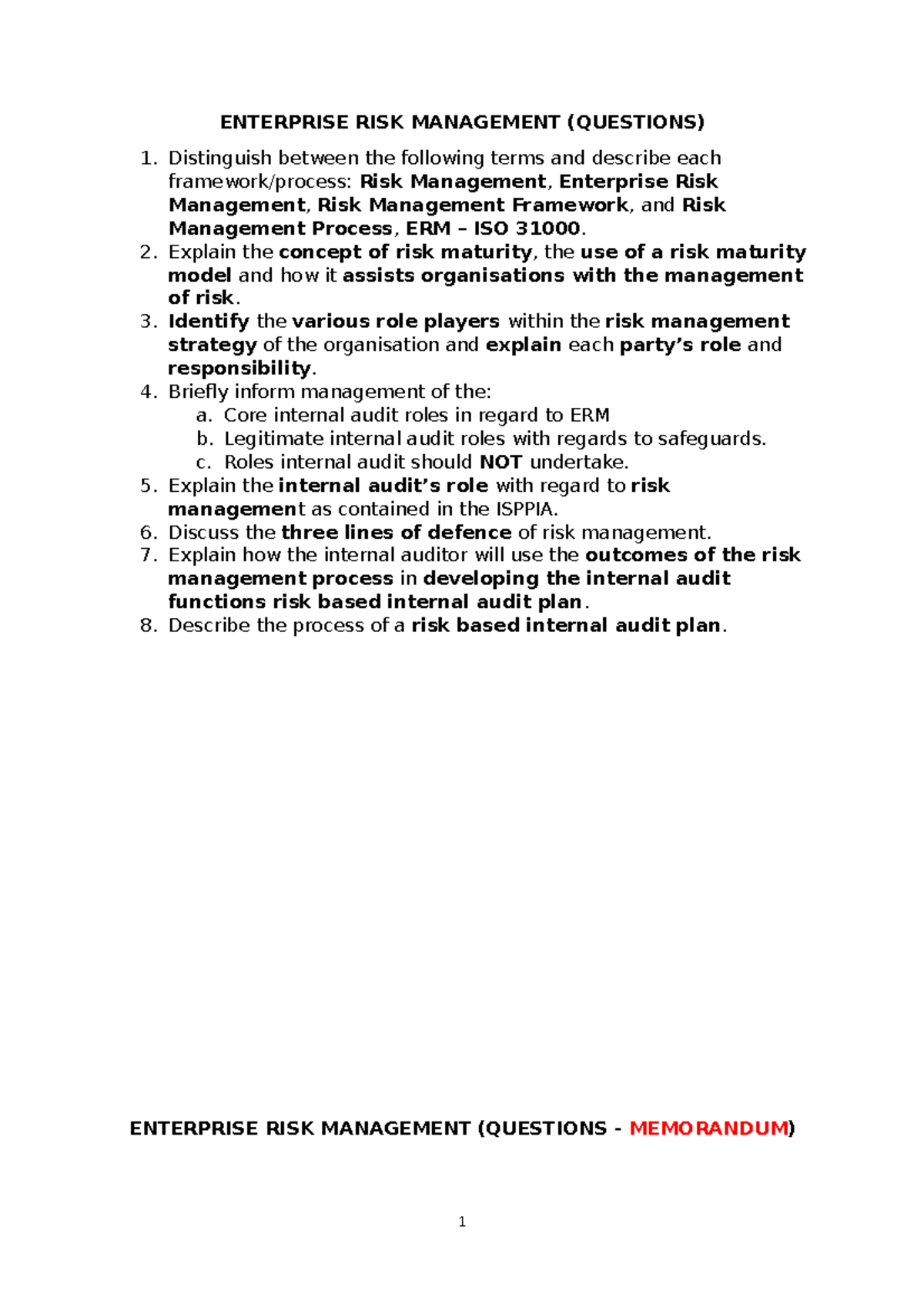 Enterprise Risk Management Questions - ENTERPRISE RISK MANAGEMENT ...