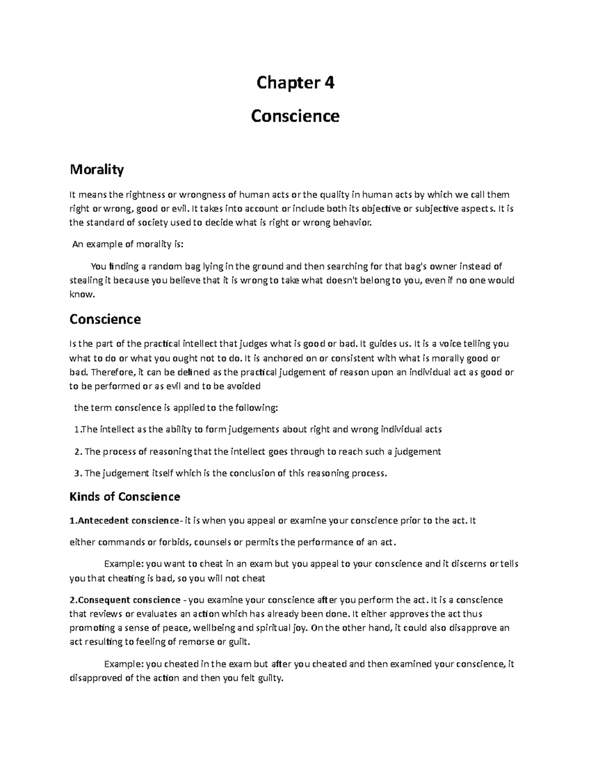 Conscience and morality - Chapter 4 Conscience Morality It means the rightness or wrongness of ...