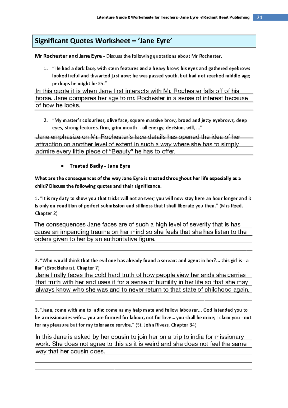 Jane Eyre Recap#1 - Significant Quotes Worksheet ʹ ͚:ĂŶĞ LJƌ Ğ͛ Mr ...