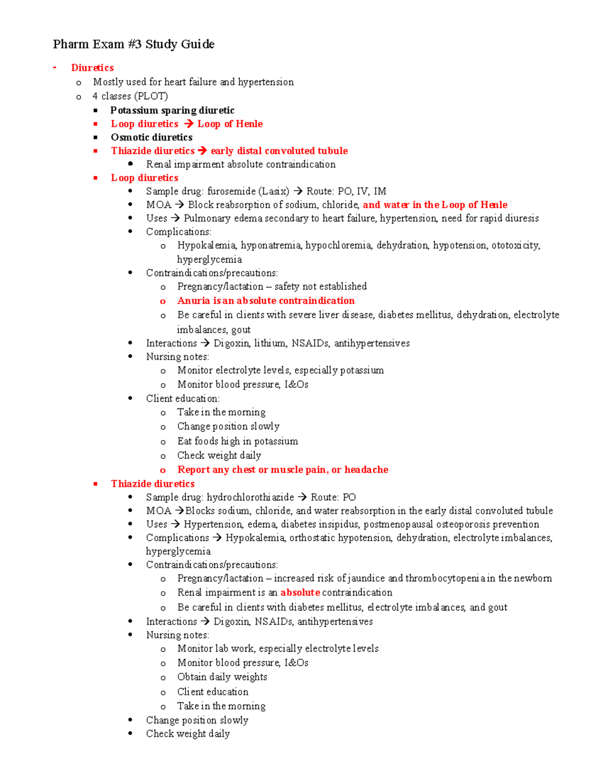 Pharm Exam 3 Study Guide - Pharm Exam #3 Study Guide Diuretics o Mostly ...