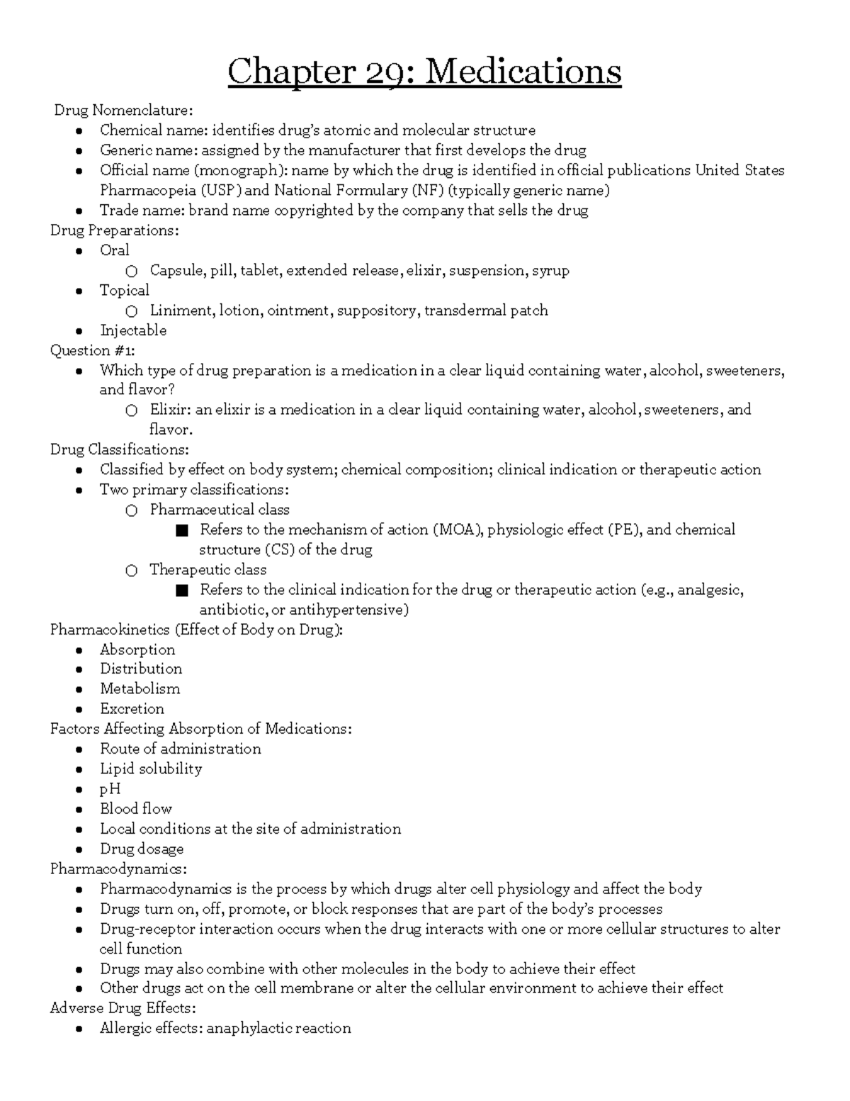 Chapter 29 Notes - Mrs. Lipsmeyer - Chapter 29: Medications Drug ...