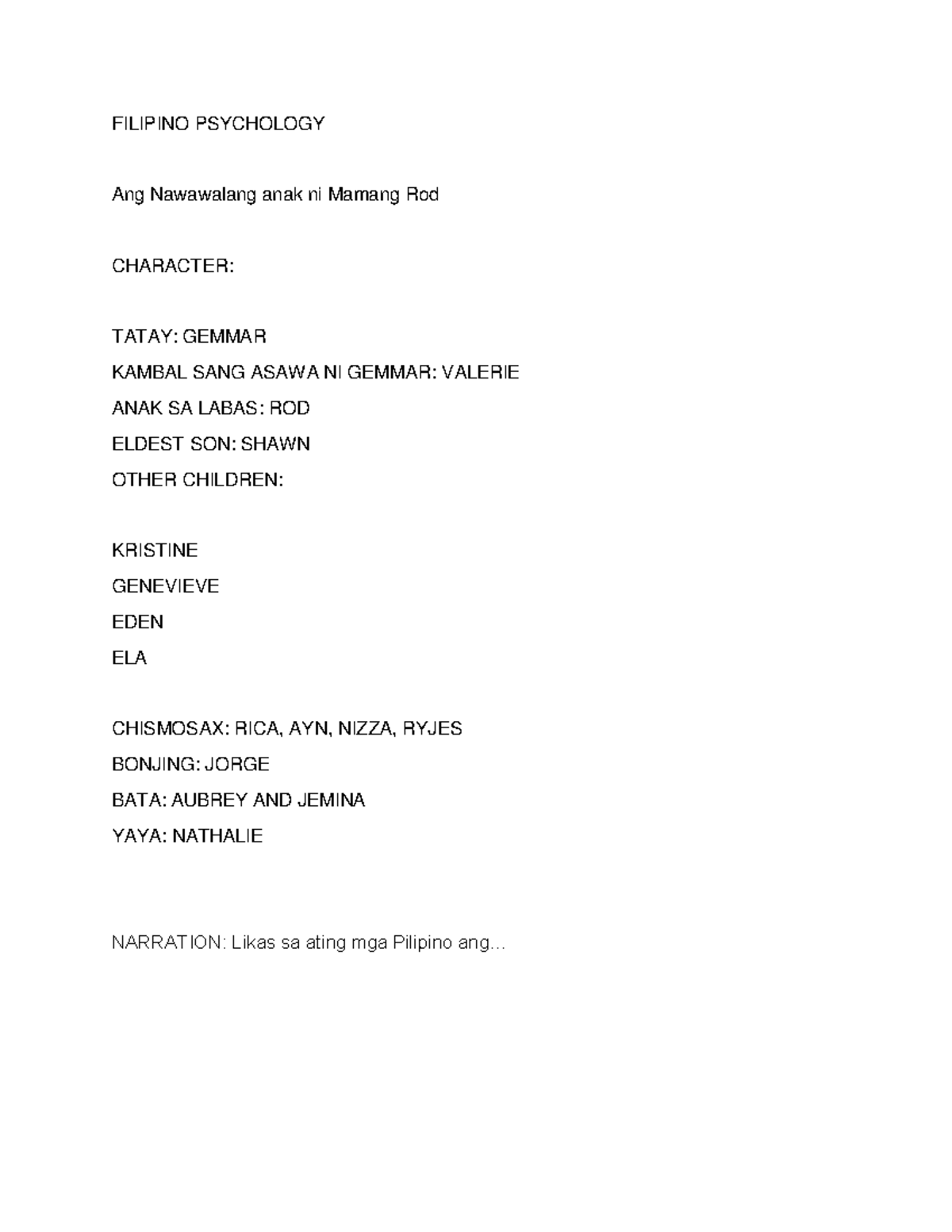 Filipino- Psychology-drama - FILIPINO PSYCHOLOGY Ang Nawawalang anak ni ...