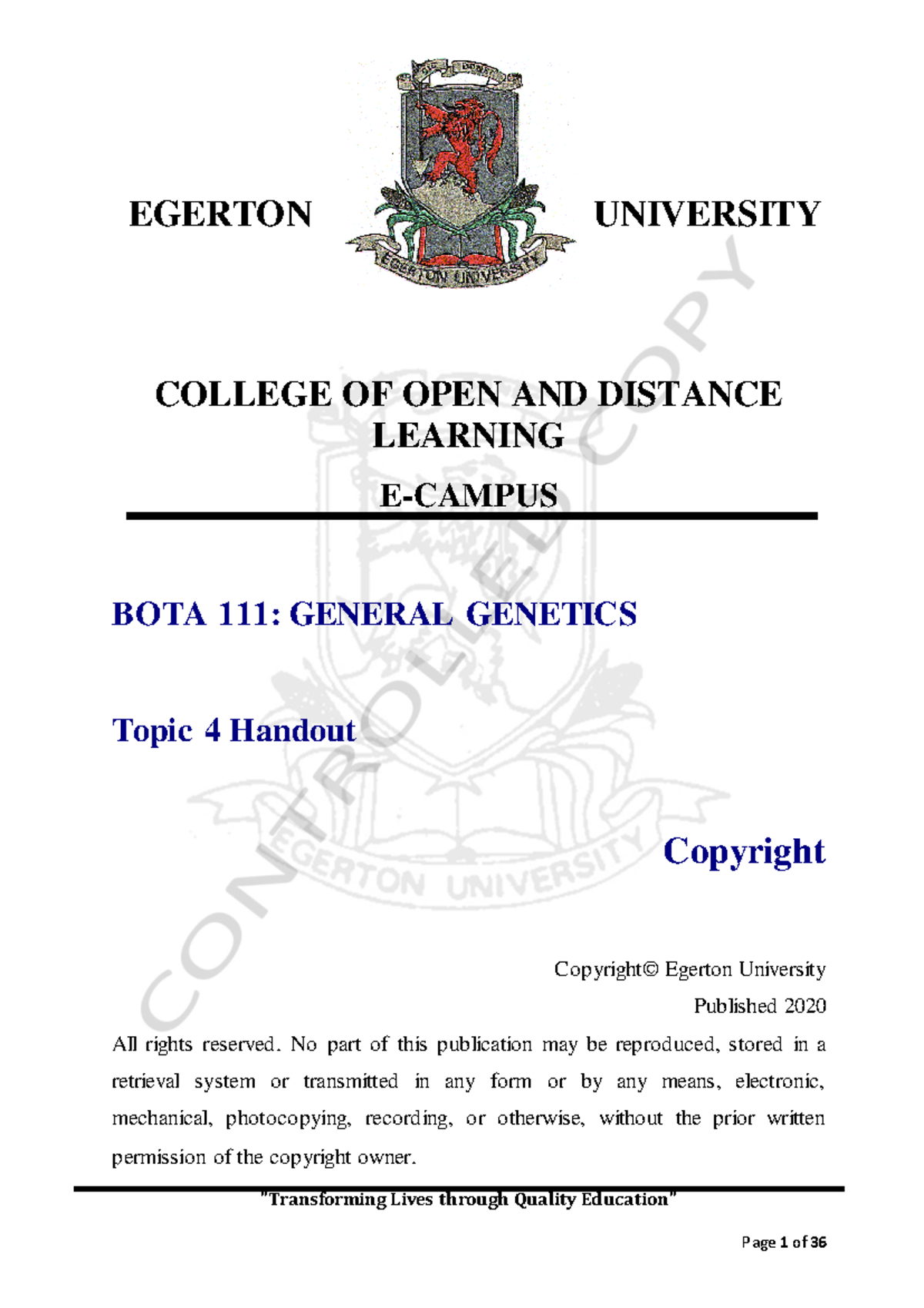 BOTA 111 Handout Topic 4 - "Transforming Lives through Quality Education" EGERTON - Studocu