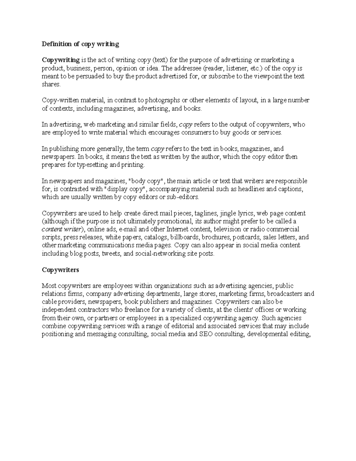 Week 3 advert copywriting - Definition of copy writing Copywriting is ...