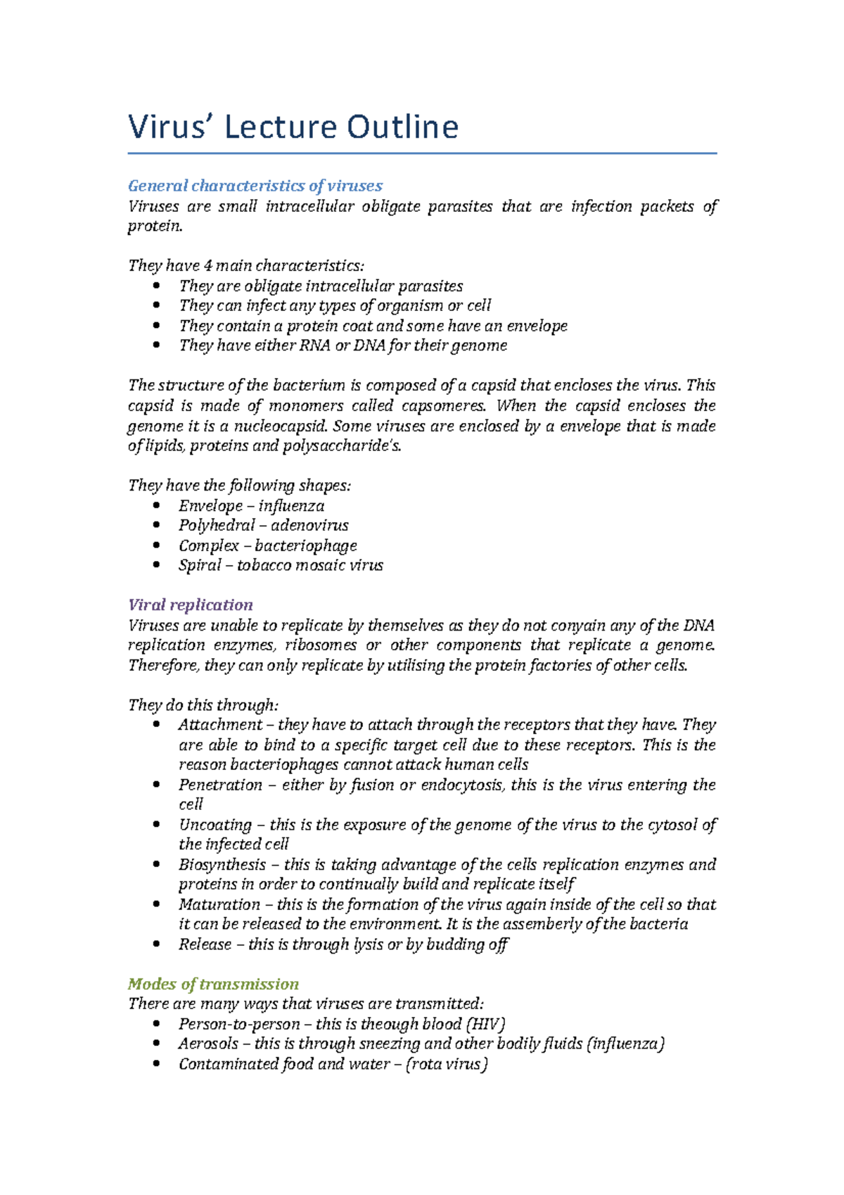 Viruses and Bacteria Lecture Outline - Virus’ Lecture Outline General ...