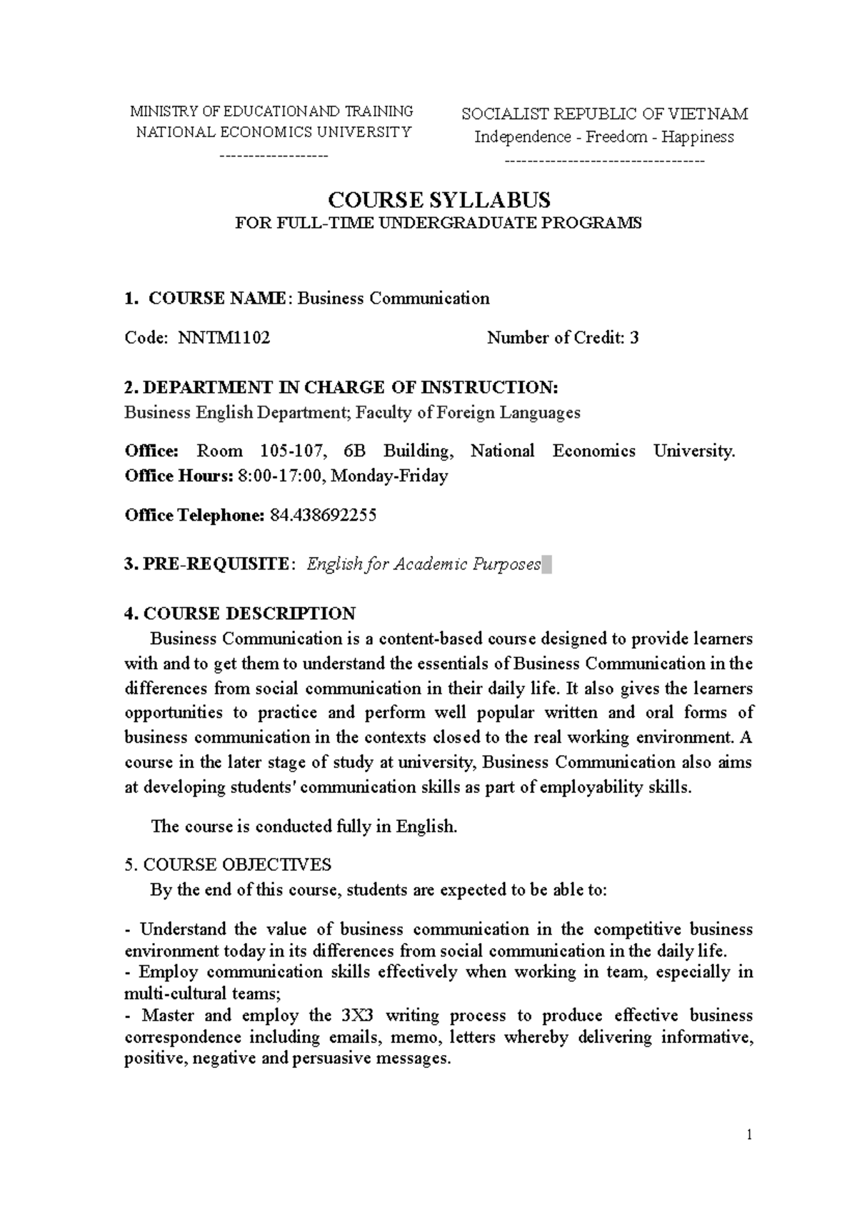 Business communication Syllabus TATM 2019 - MINISTRY OF EDUCATION AND ...