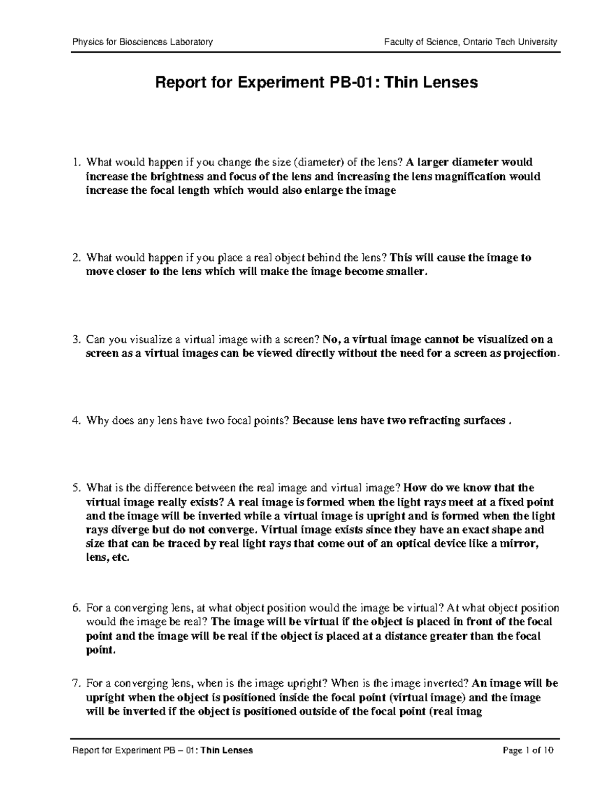 Thin Lenses Lab - Report for Experiment PB- 01 : Thin Lenses Student name___Ely Josue_____CRN ...