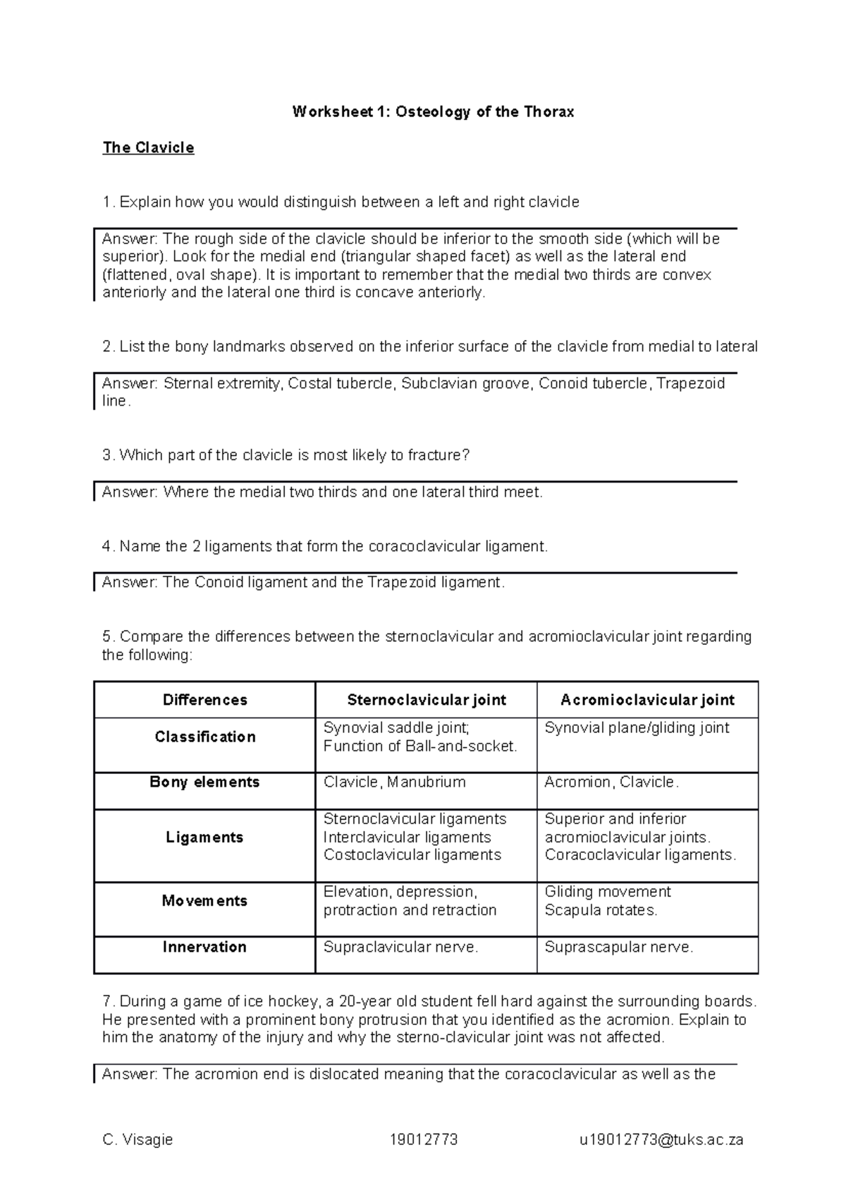 Worksheet 1 - Worksheet 1: Osteology of the Thorax The Clavicle Explain ...