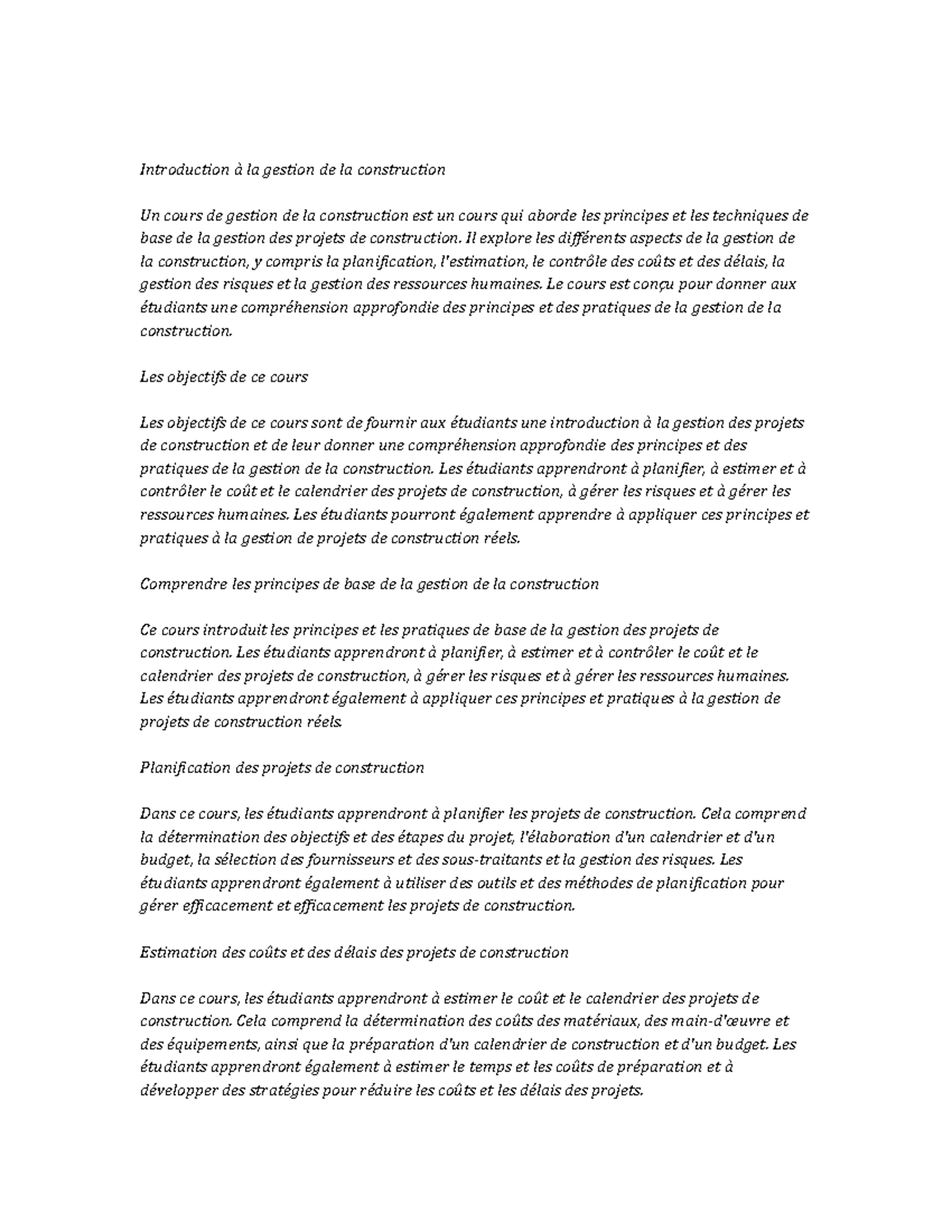 Construction Management note study - Introduction à la gestion de la ...