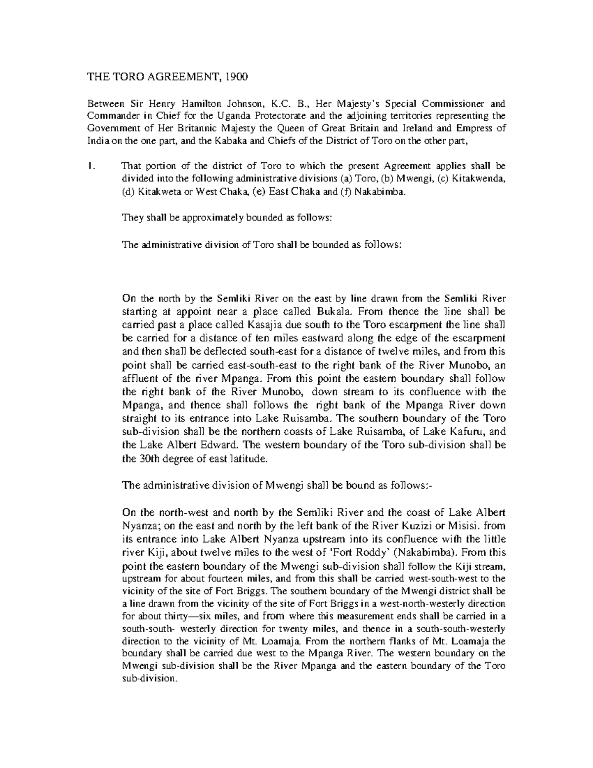 THE Tooro Agreement 1900 - THE TORO AGREEMENT, 1900 Between Sir Henry ...
