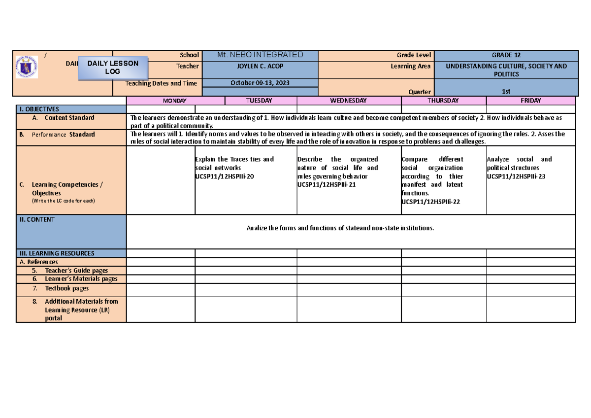 WEEK7 UCSP 12 - UCSP 12 - / DAILY LESSON LOG School Mt. NEBO INTEGRATED ...