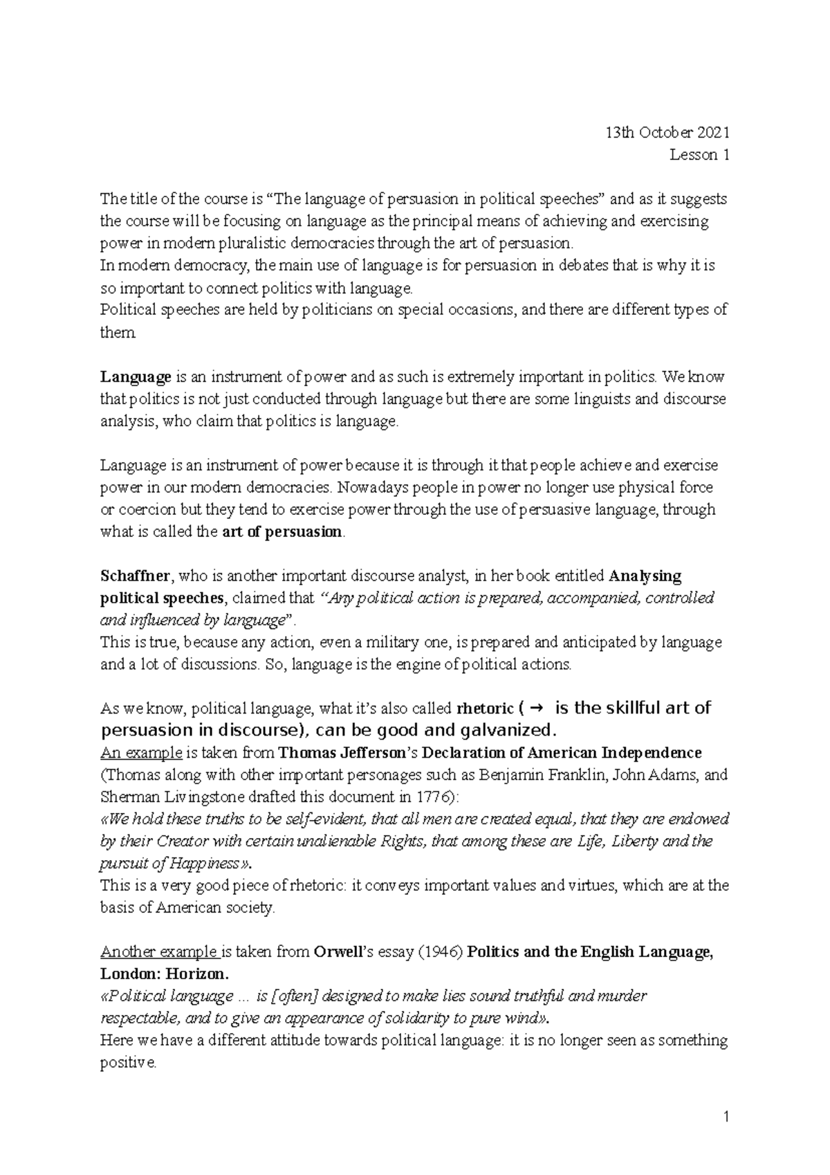 The language of persuasion in political discourse - 13th October 2021 Lesson 1 The title of the ...