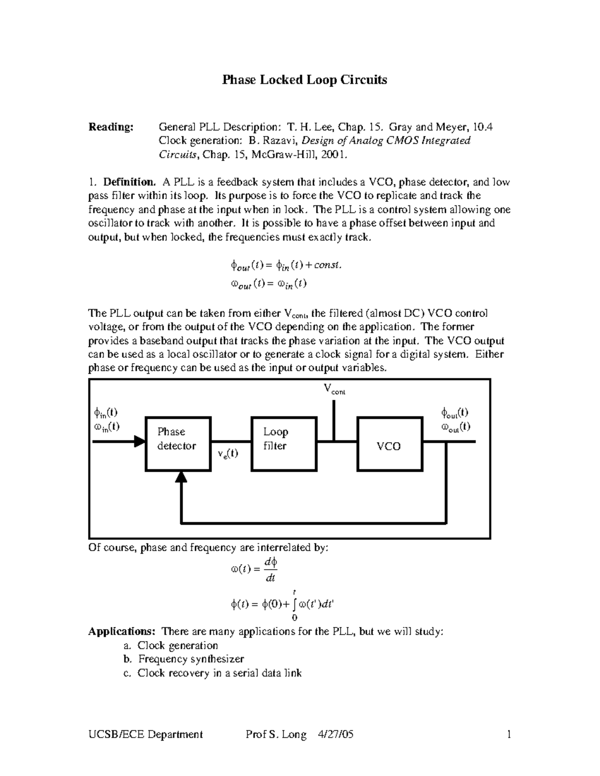 PLL intro 594a s05 - Lecture notes 4,5 - Phase Locked Loop Circuits ...