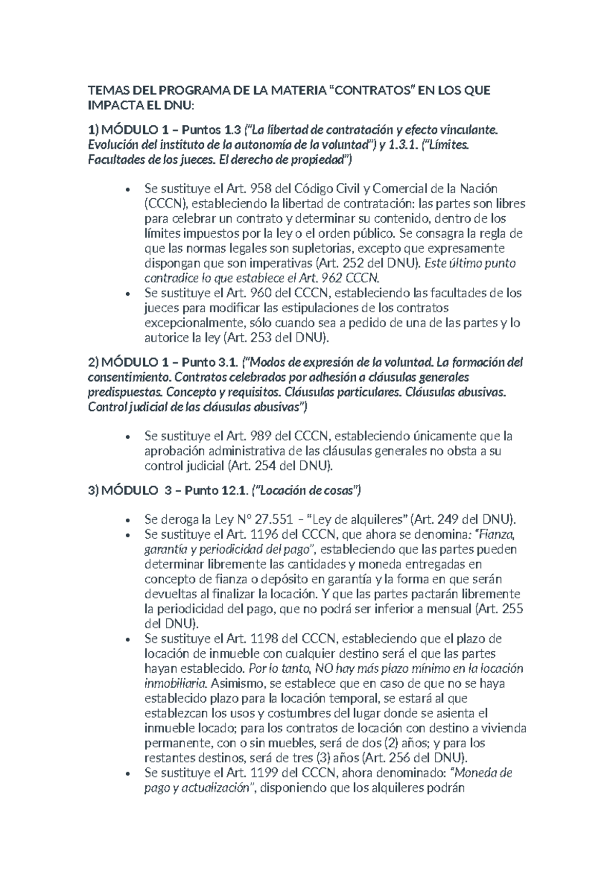 Dnu contratos - TEMAS DEL PROGRAMA DE LA MATERIA “CONTRATOS” EN LOS QUE IMPACTA EL DNU: MÓDULO 1 ...