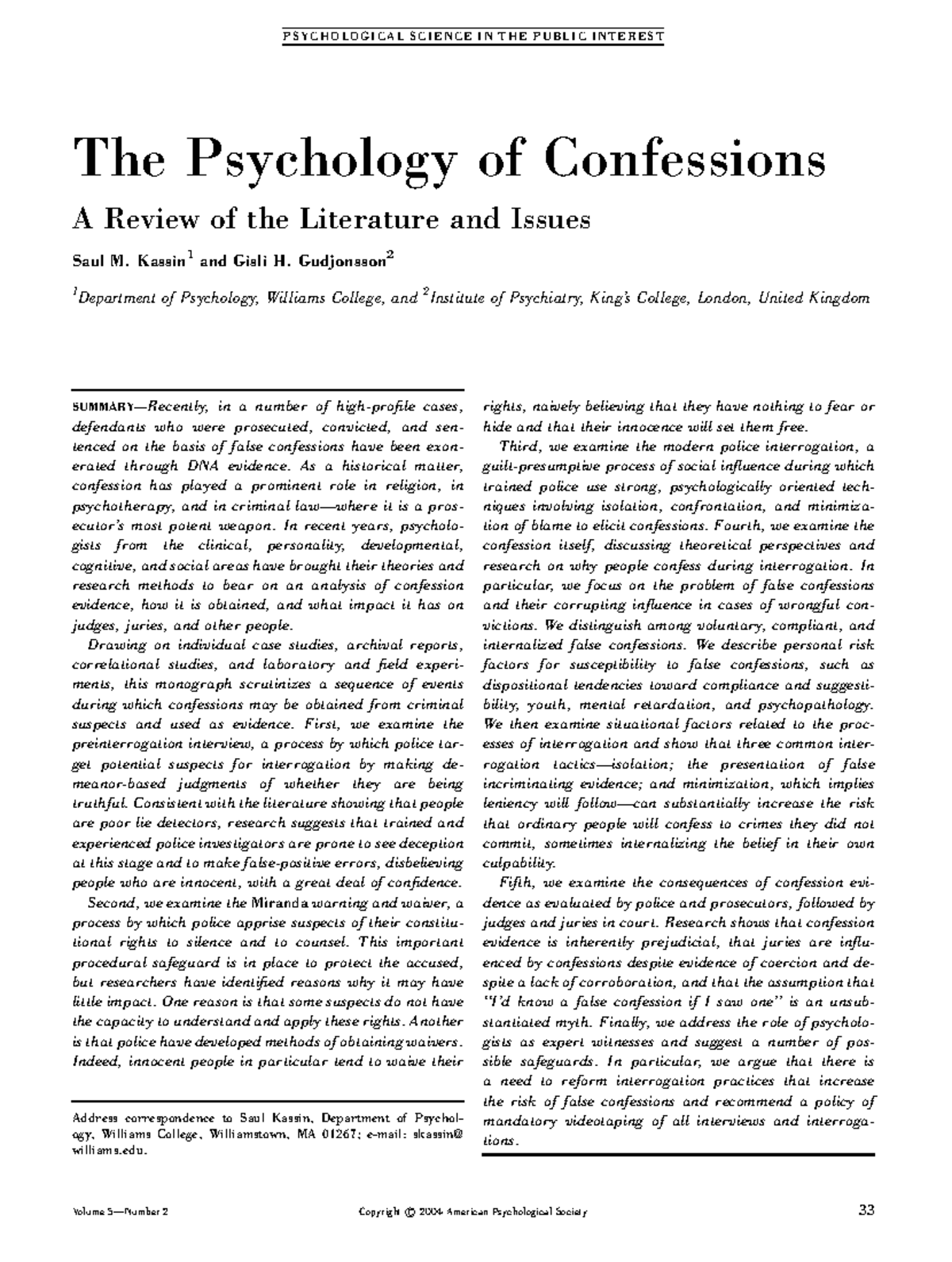 Kassin gudjonsson 2004 the psychology of confessions a review of the ...