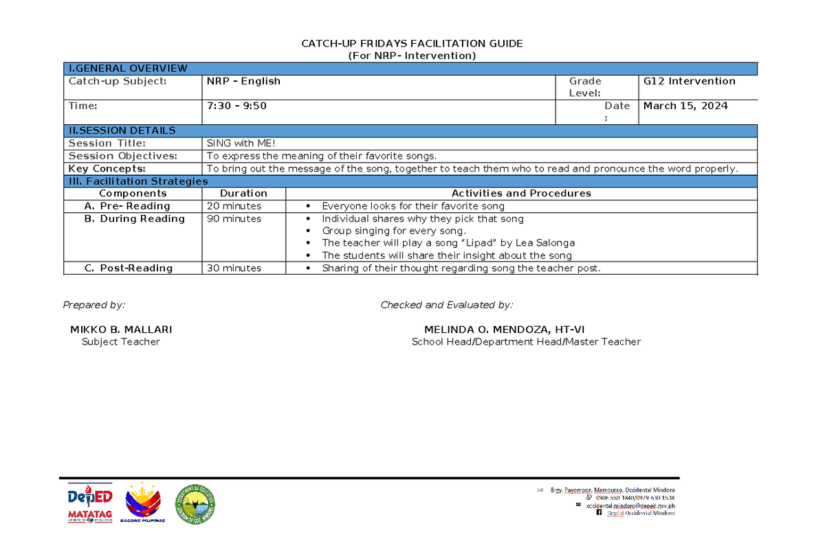 S4 kareoke - lesson plan - CATCH-UP FRIDAYS FACILITATION GUIDE (For NRP ...