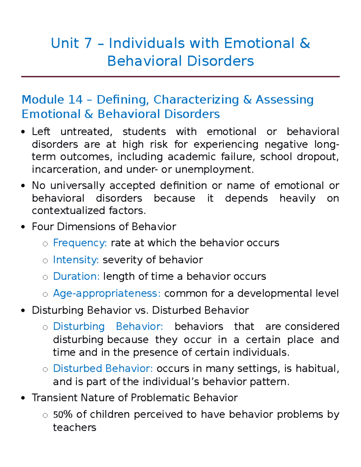 Unit 7 – Individuals with Emotional Disorders - Unit 7 – Individuals ...