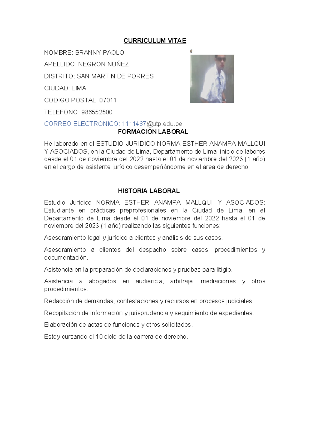 CV Branny - buena - CURRICULUM VITAE NOMBRE: BRANNY PAOLO APELLIDO ...