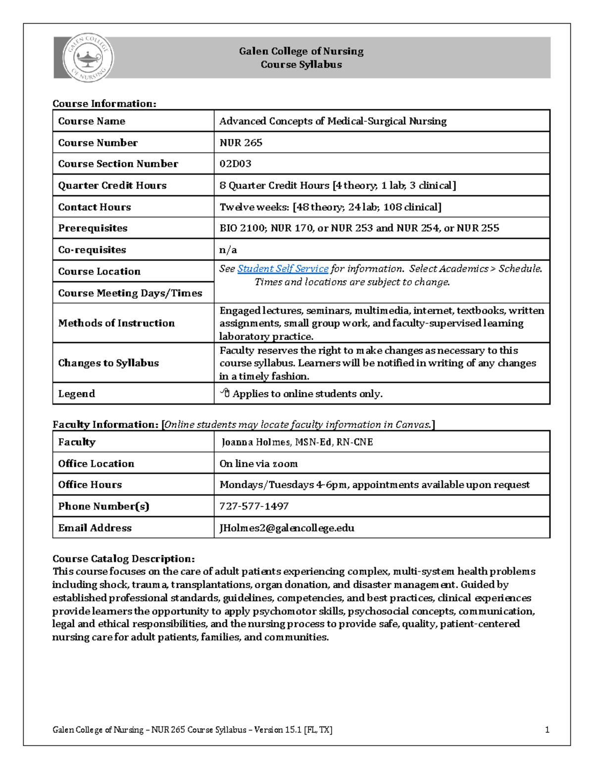 NUR 265 Syllabus Version 15 1 Holmes J 02D03 Spring 2022 - Galen ...