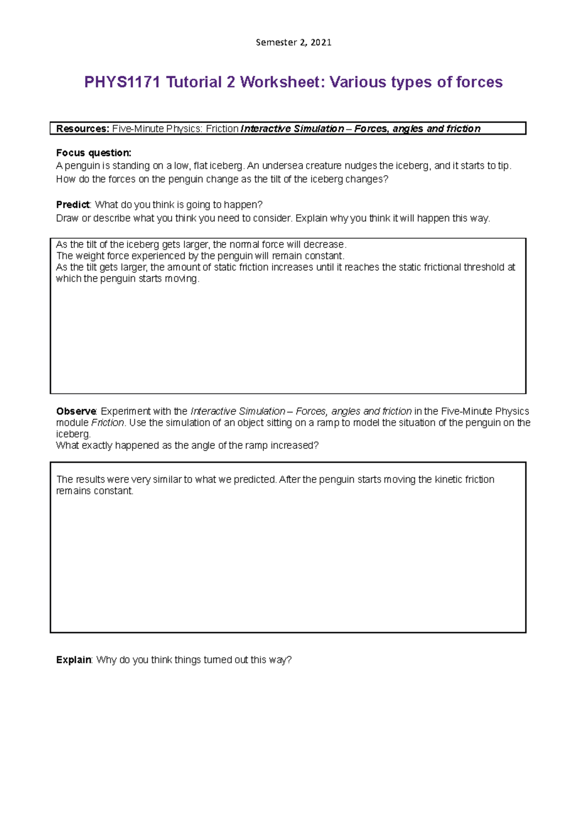 Tutorial worksheet - Forces - Semester 2, 2021 PHYS1171 Tutorial 2 ...