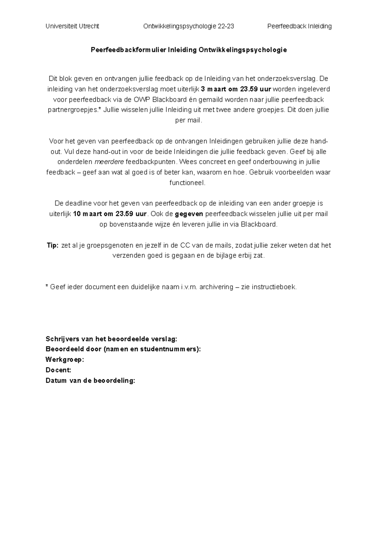 OWP 22-23 Hand-out Peerfeedback Inleiding - Peerfeedbackformulier ...