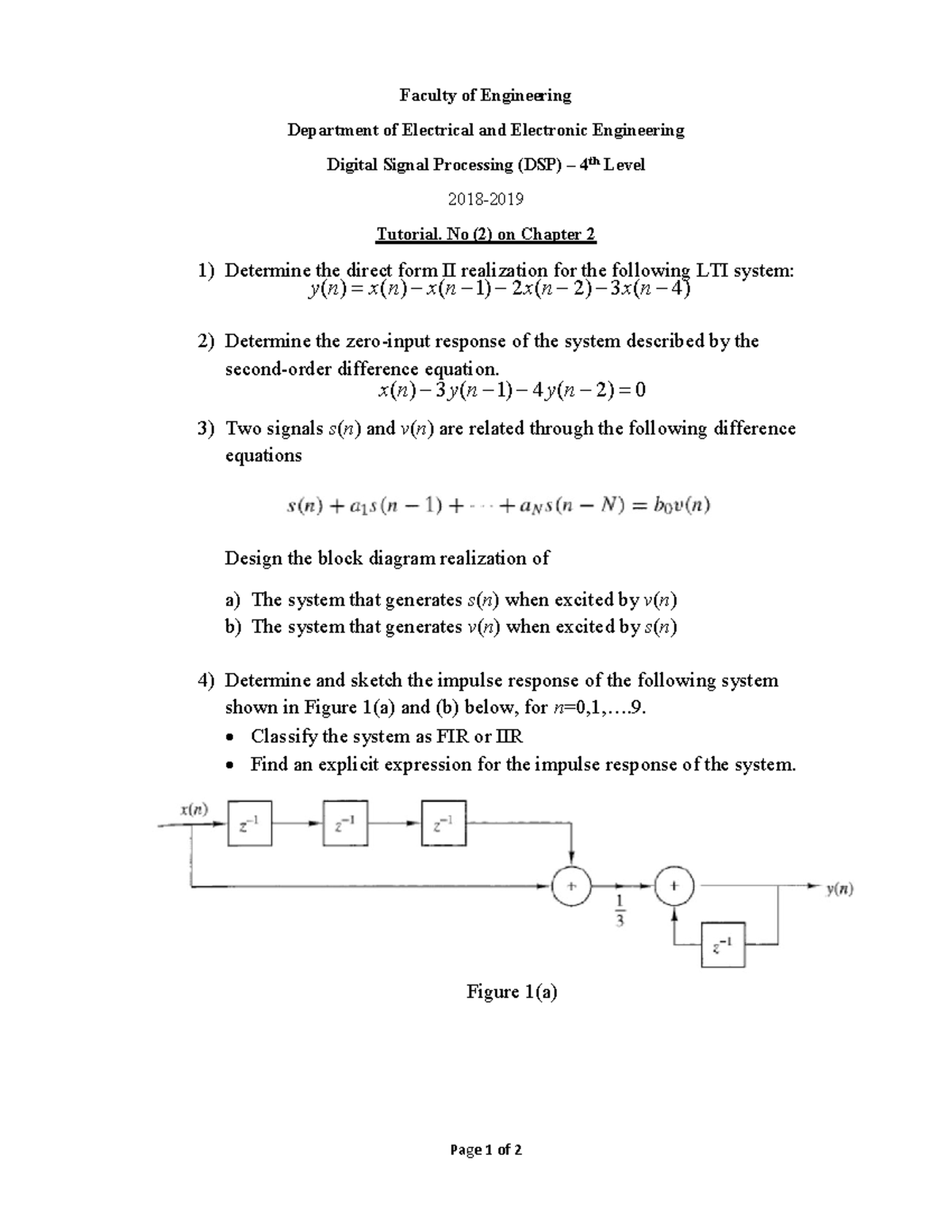 Tutorial 2 - Chapter 2 - DSP - Page 1 of 2 Faculty of Engineering ...