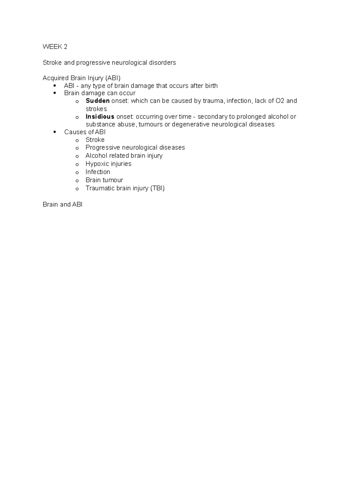 OTH103 Pathophysiology - week 2 lecture notes - WEEK 2 Stroke and ...