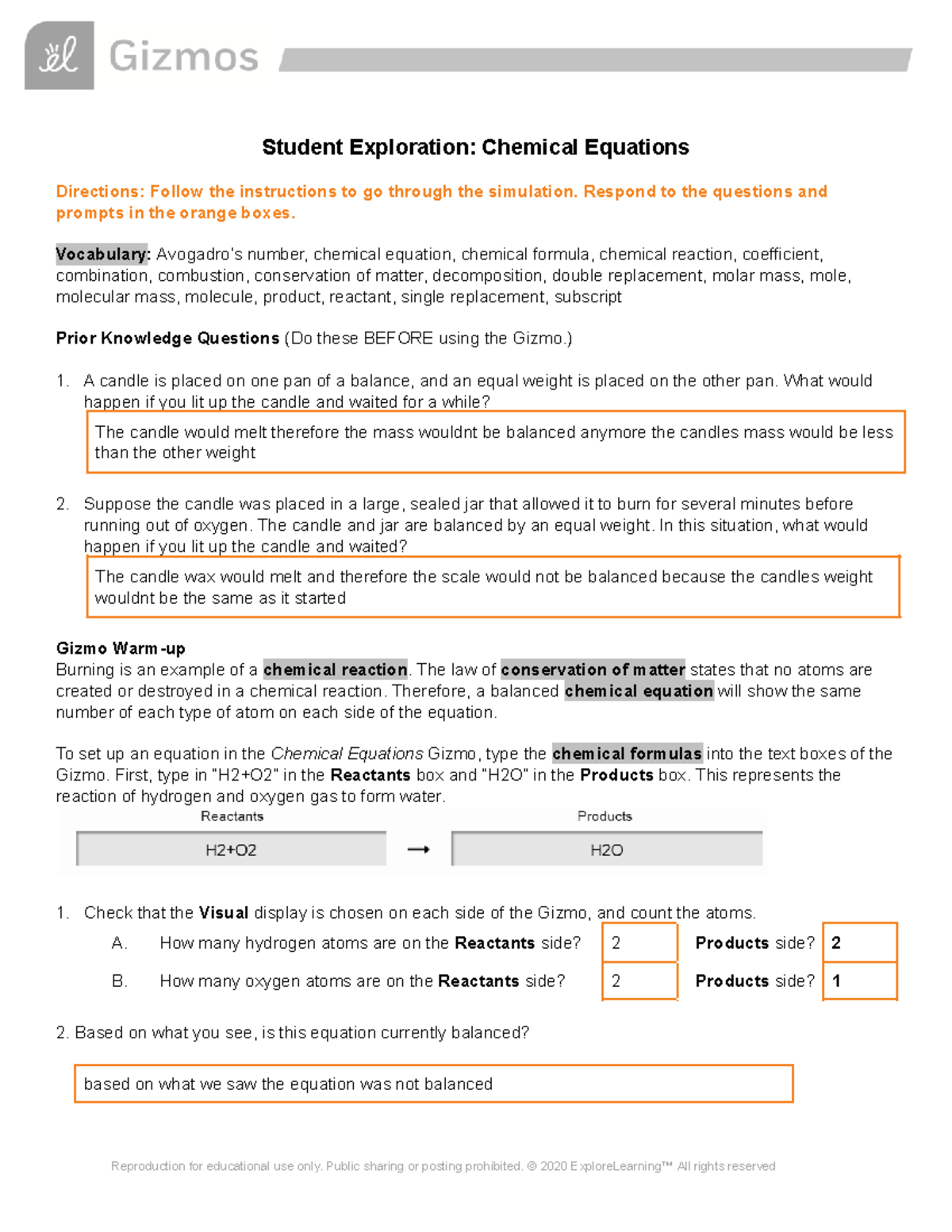 Balancing Equations Gizmo Modified 2022 - Student Exploration: Chemical ...