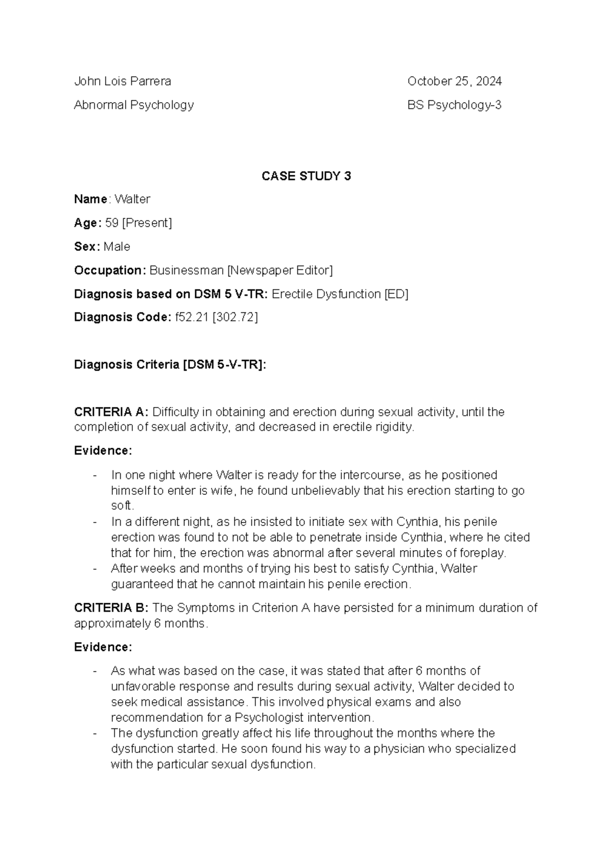 CASE Study 6 - John Lois Parrera October 25, 2024 Abnormal Psychology ...