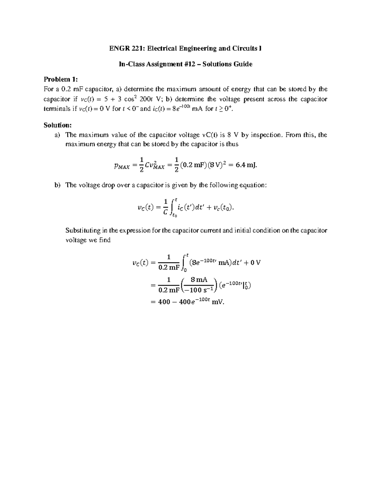 In-Class Assignment #12 - Solutions Guide - ENGR 221: Electrical ...