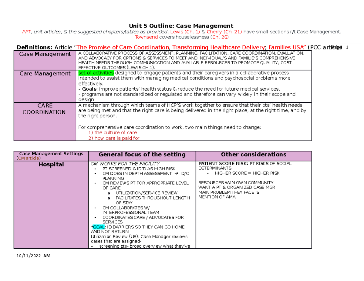 Chronic 2 Unit 5 Outline Case Management with resources - Unit 5 ...