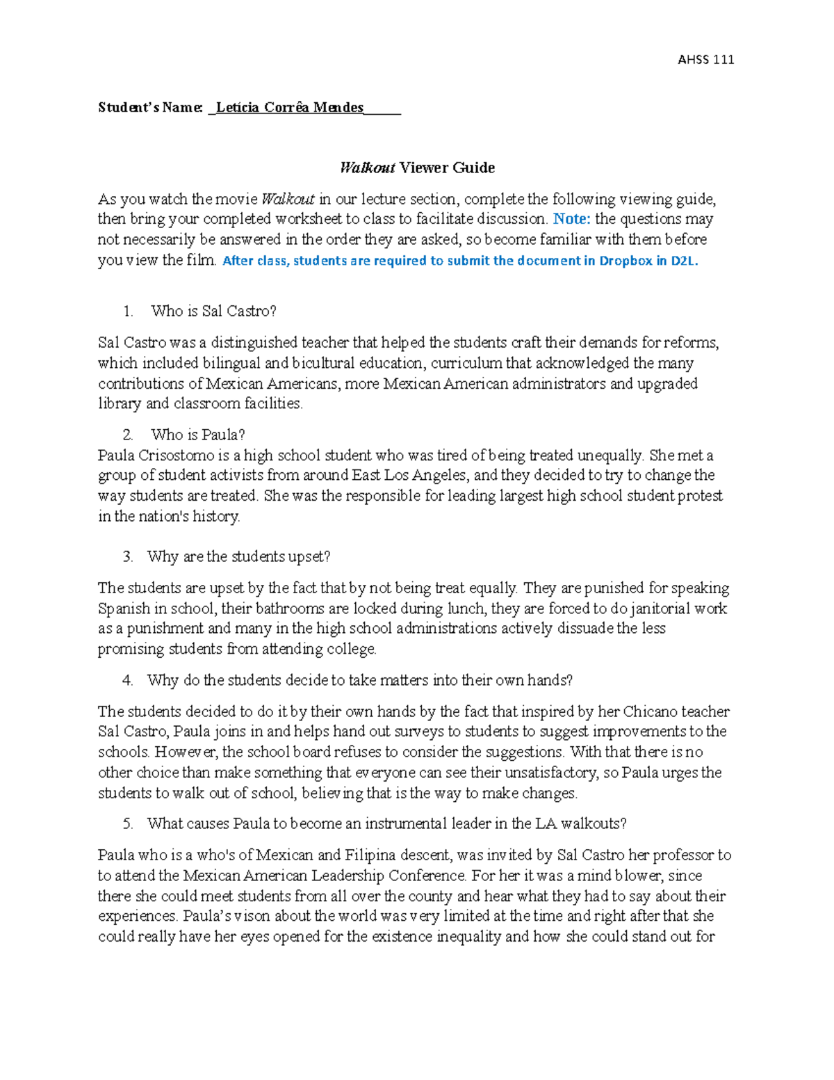 Viewer Guide #5 - Walkout - Student’s Name: Letícia Corrêa Mendes ...
