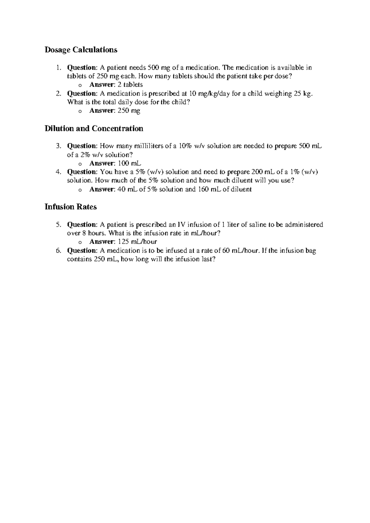 Mock oriel exam - short questions - Dosage Calculations Question: A ...