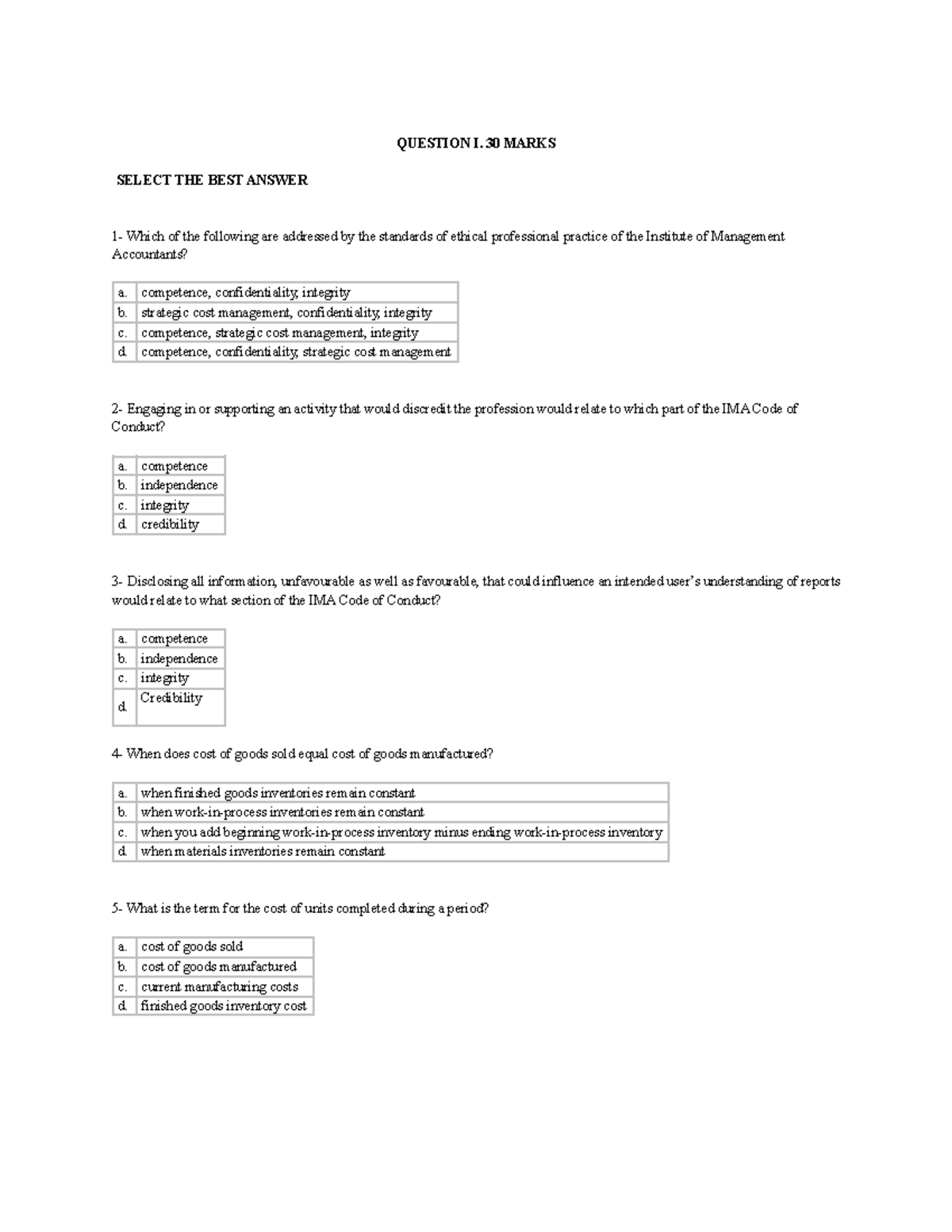 Mcqs Multiple Choice Questions For Midterm Question I 30 Marks Select The Best Answer 1