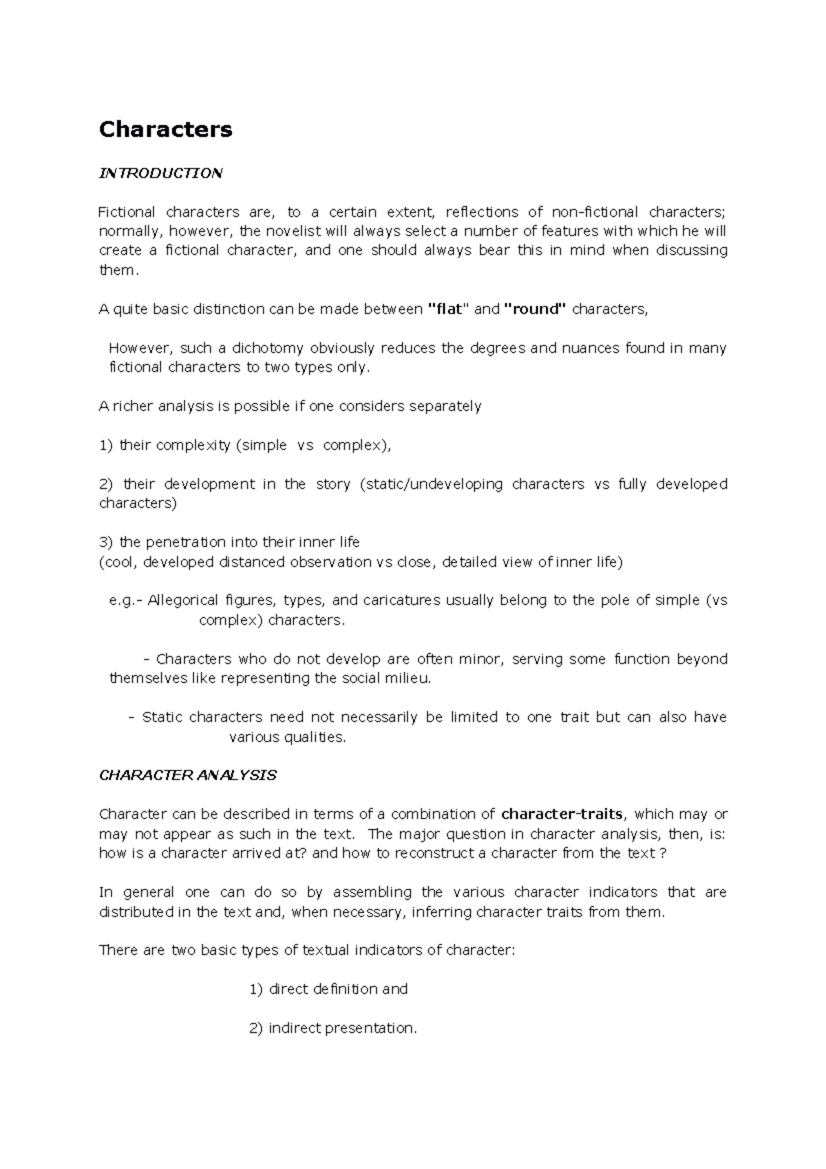 Analysis short story - Characters INTRODUCTION Fictional characters are ...