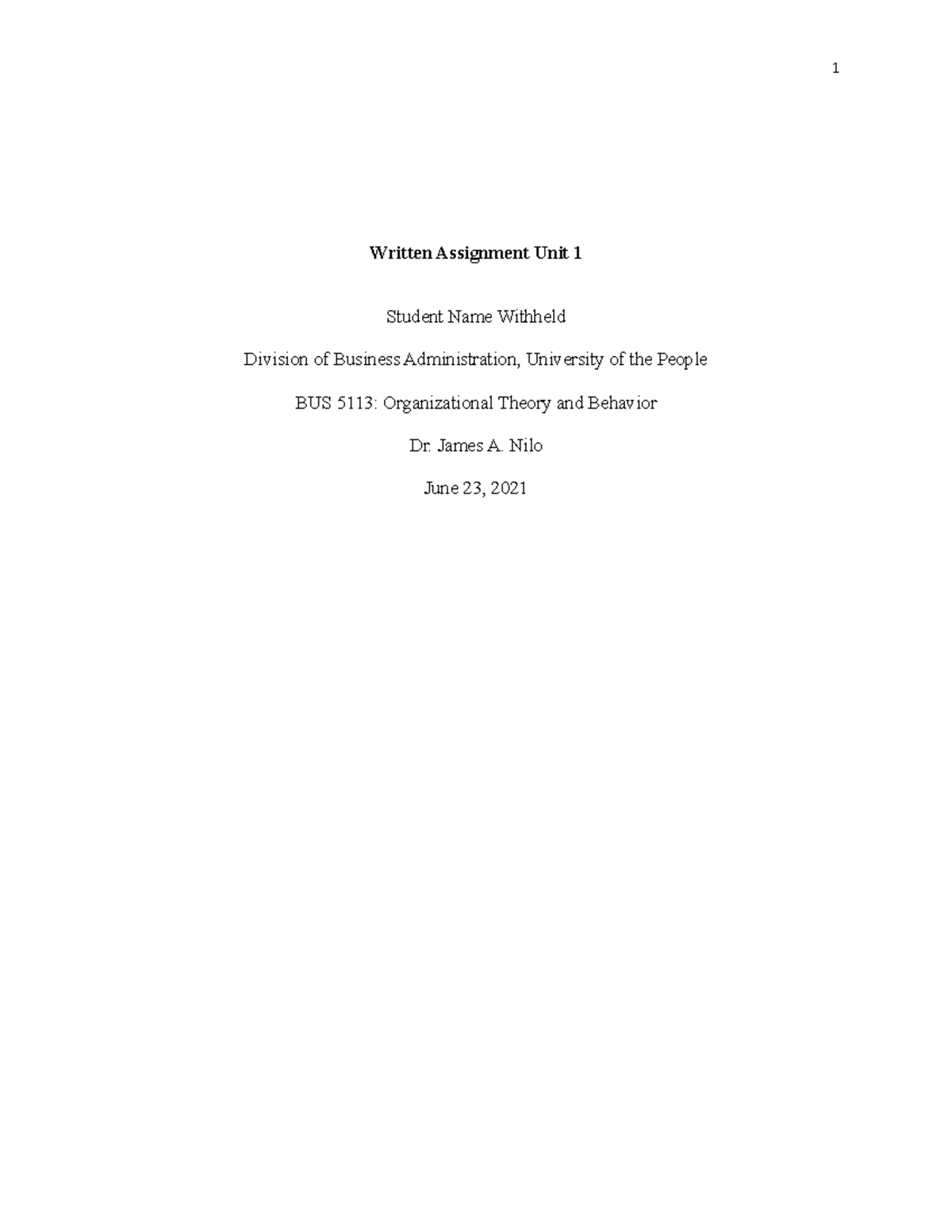 Written Assignment Week 01 - Written Assignment Unit 1 Student Name ...
