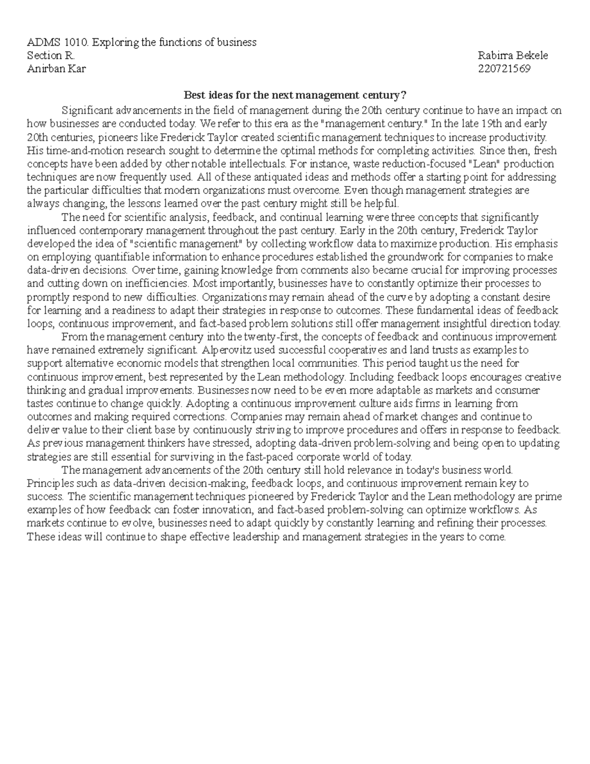 12th assignment - ADMS 1010. Exploring the functions of business Section R. Rabirra Bekele ...