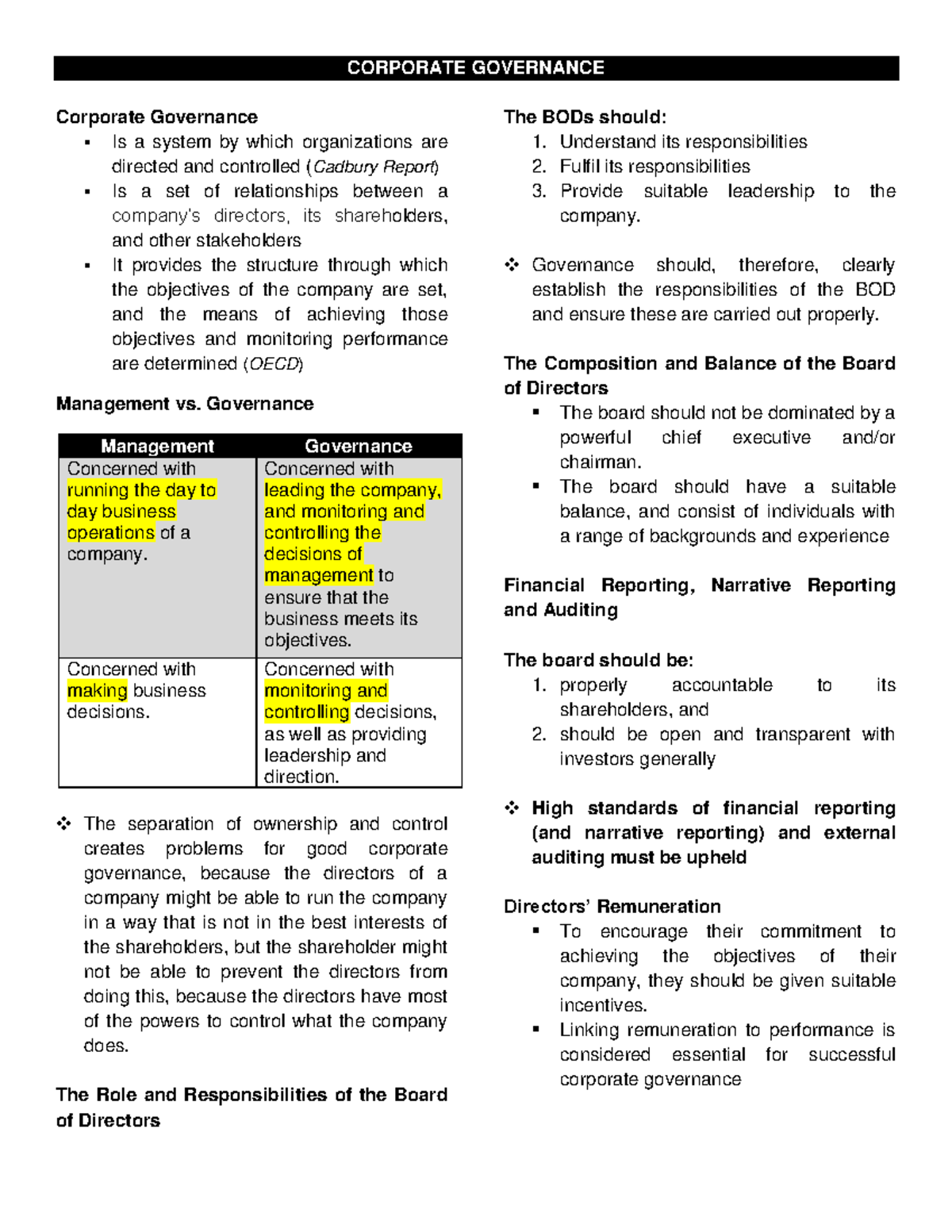 ACCTG 401 Notes - CORPORATE GOVERNANCE Corporate Governance Is a system ...