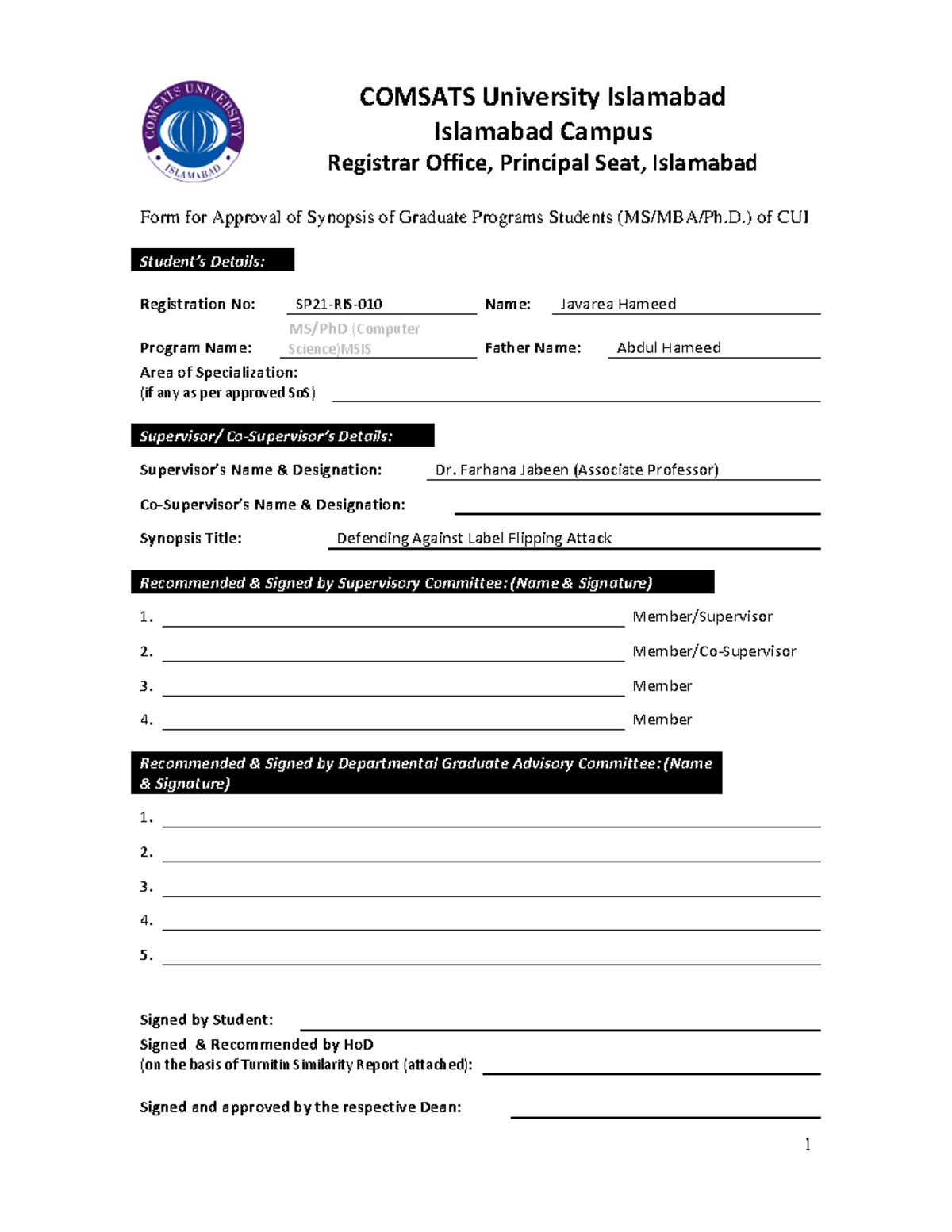 CUI CS Synopsis Template OCT 2022- Final - COMSATS University Islamabad Islamabad Campus ...