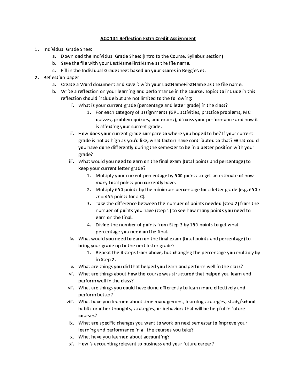 ACC 131 Reflection Extra Credit Assignment - ACC 131 Reflection Extra ...