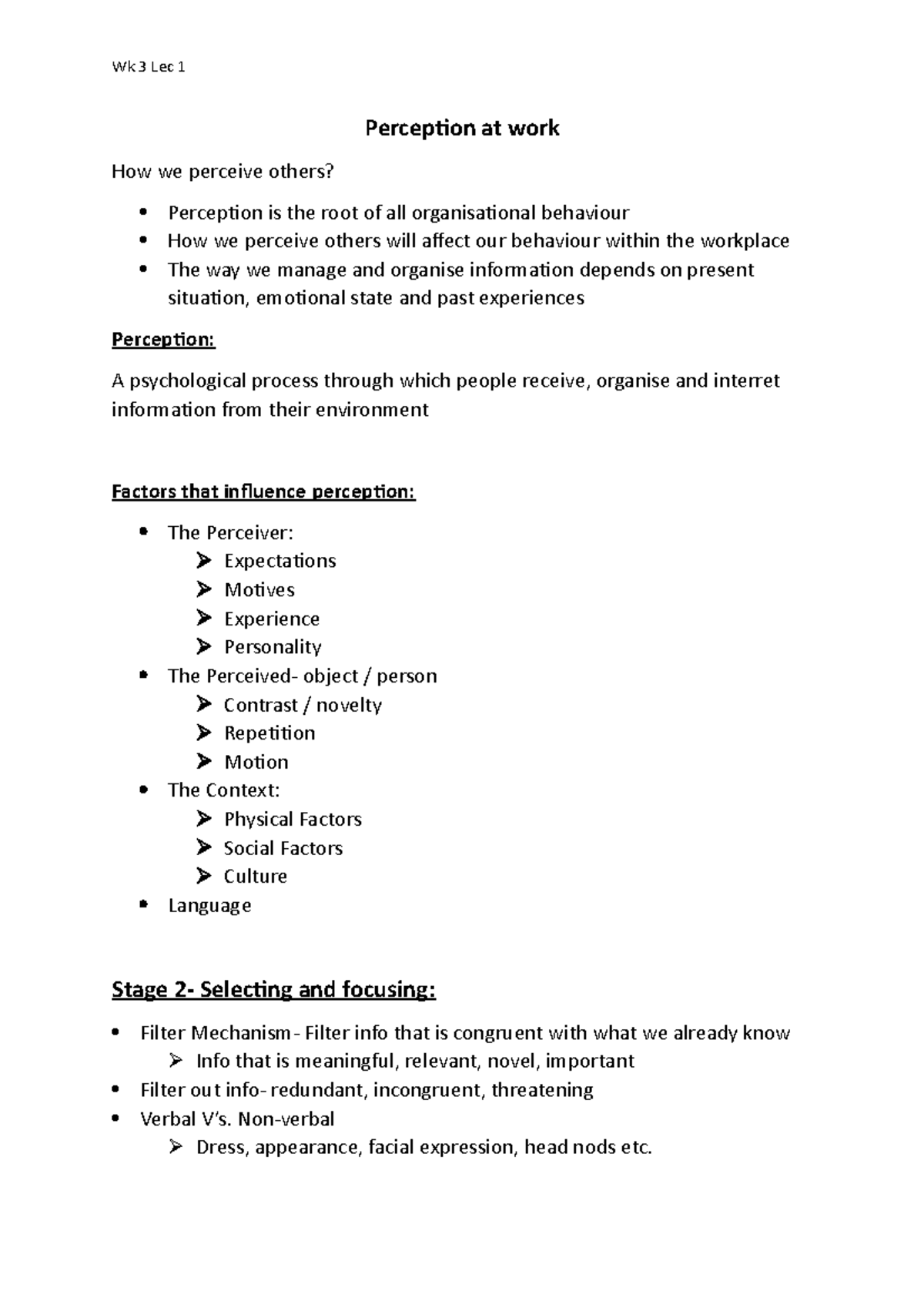 Wk 3 Lec 1 Perception at work Notes - Wk 3 Lec 1 Perception at work How ...