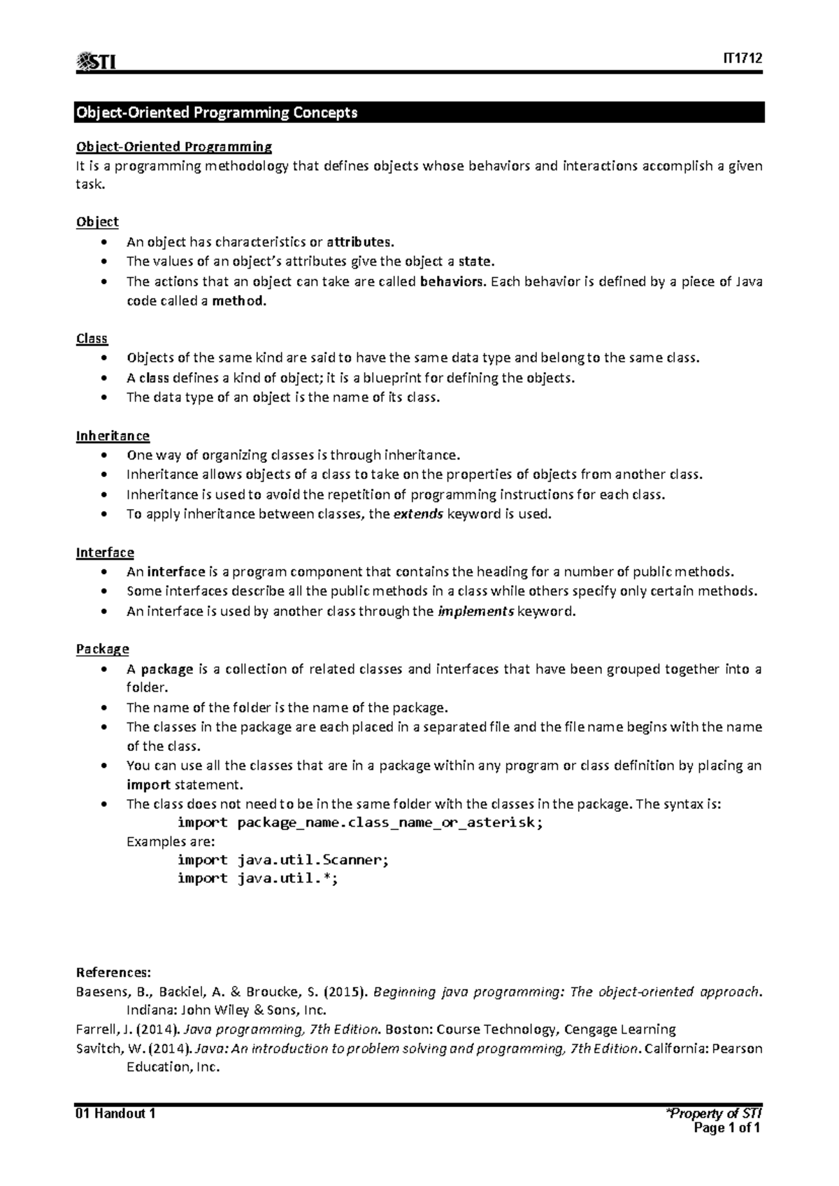 Comprog- Reviewer - 01 Handout 1 *Property of STI Object-Oriented Programming Concepts - Studocu