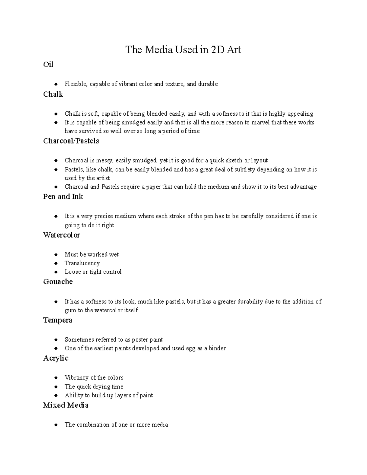 The Media Used in 2D Art - Lecture Notes over the mediums used in 2D ...