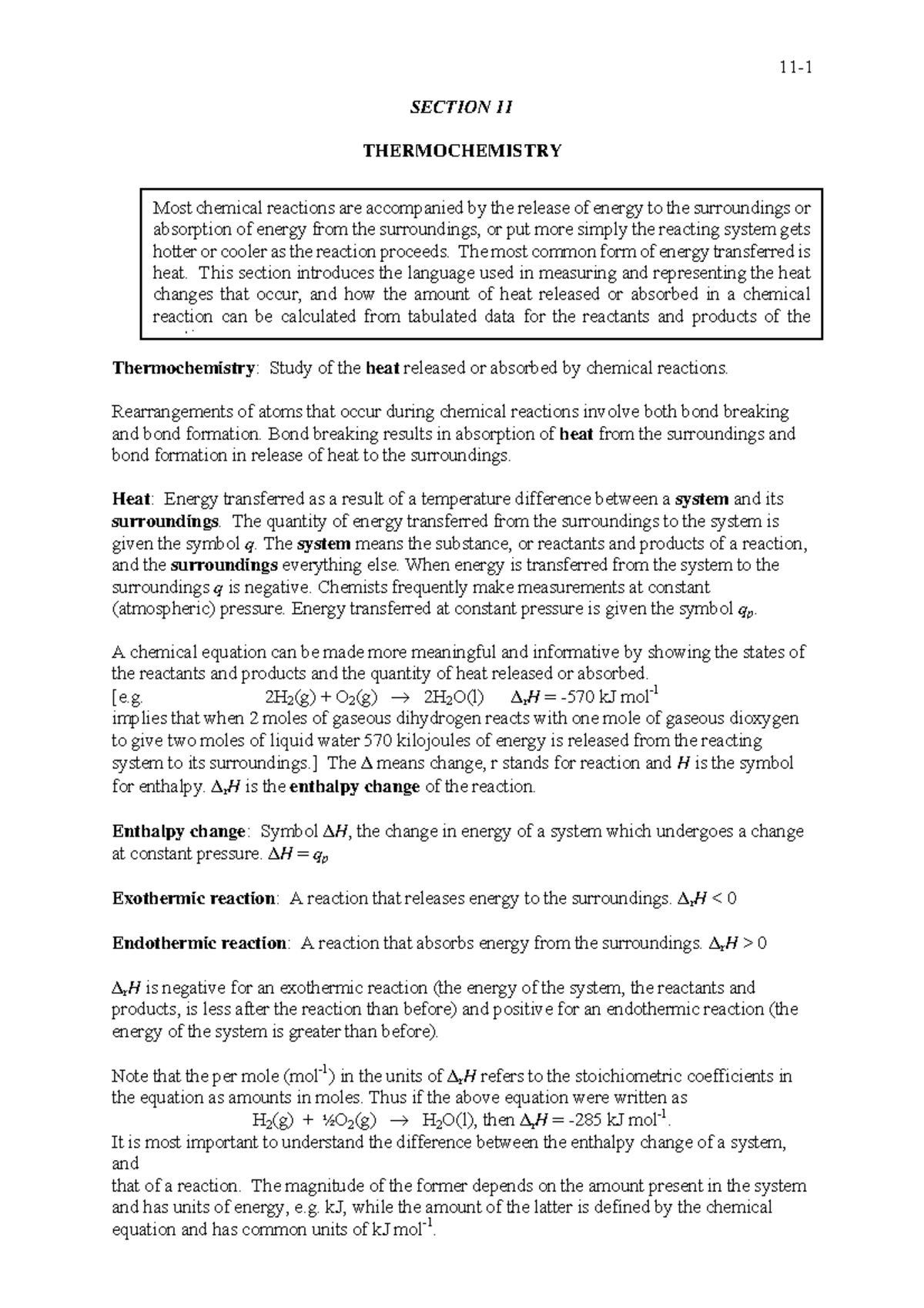 Thermochemistry lectures and exercises - SECTION 11 THERMOCHEMISTRY ...