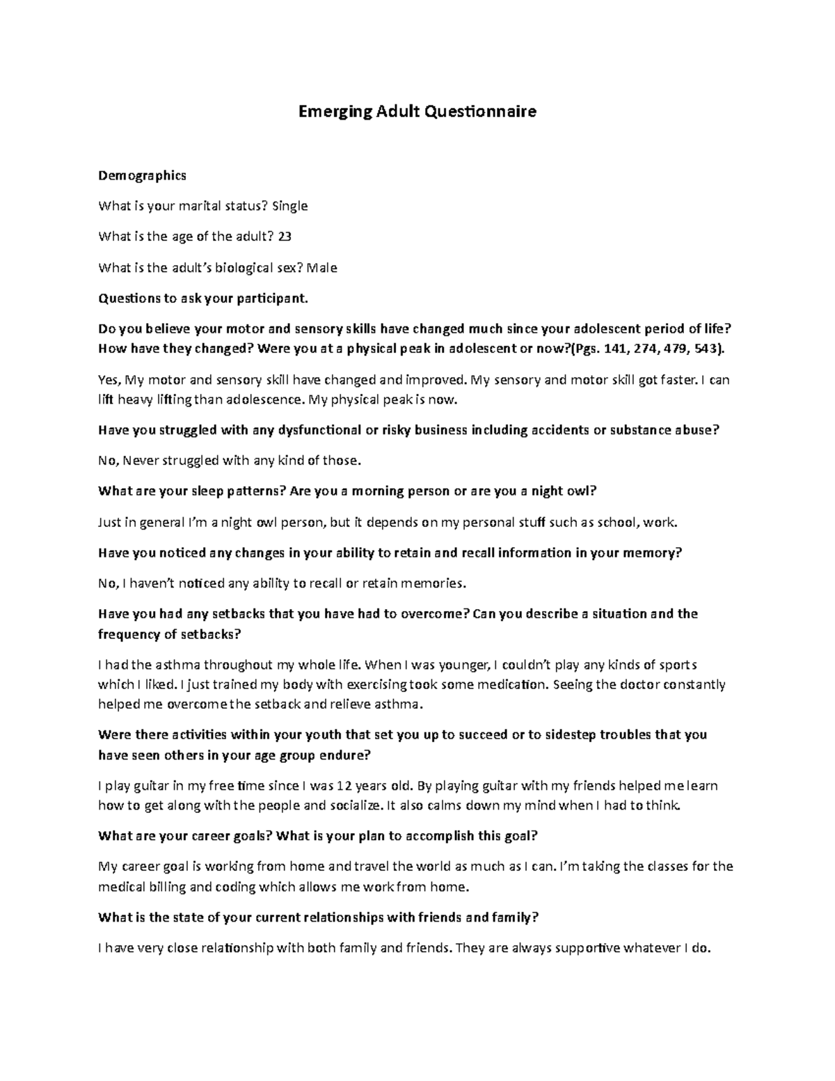 Psych 2304 Emerging Adult Interview Questionnaire - Emerging Adult ...